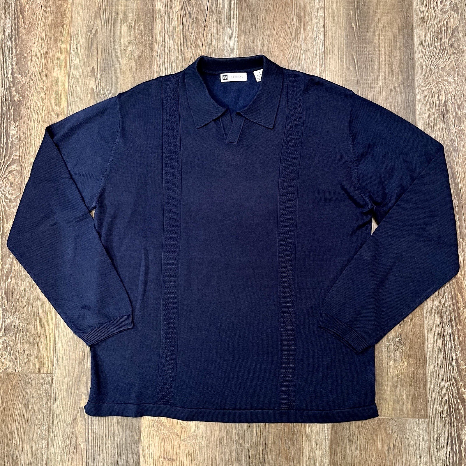 BACHRACH Mens L Blue POLO Sweater Split Neck Collar Pullover GOLF Rayon ...