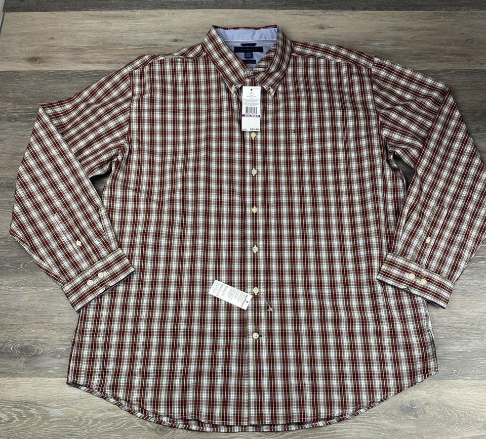 Tommy Hilfiger Mens 80s Two Ply Plaid Long Sleeve Cotton Shirt Red ...