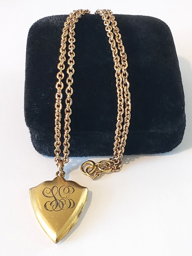 Antique Victorian Shield Locket Necklace Gold Filled Photo Engraved GLB ...
