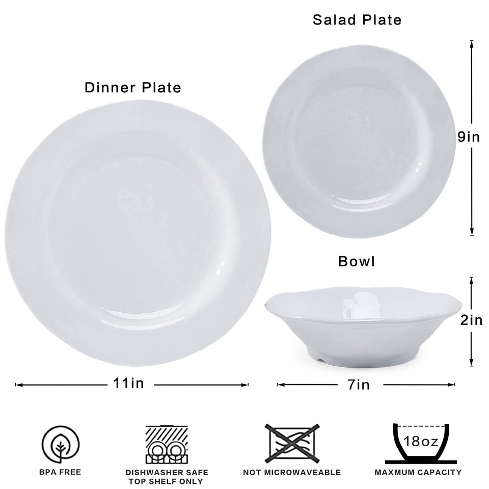 Basic White Melamine Dinnerware Sets 18 Piece dishes Service for 6 ...