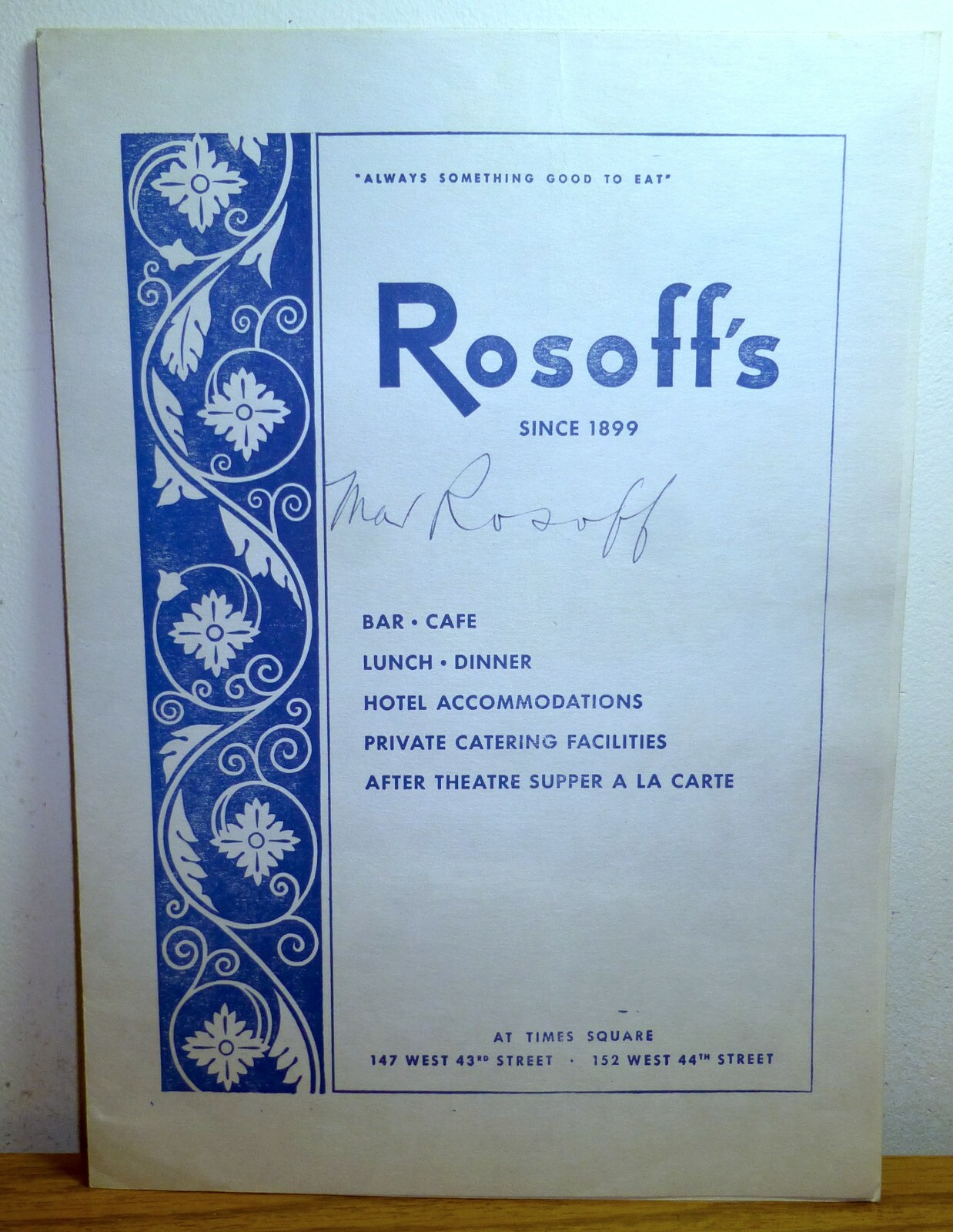 1947 Rosoff's restaurant food menu, New York City, autographed; dinner ...