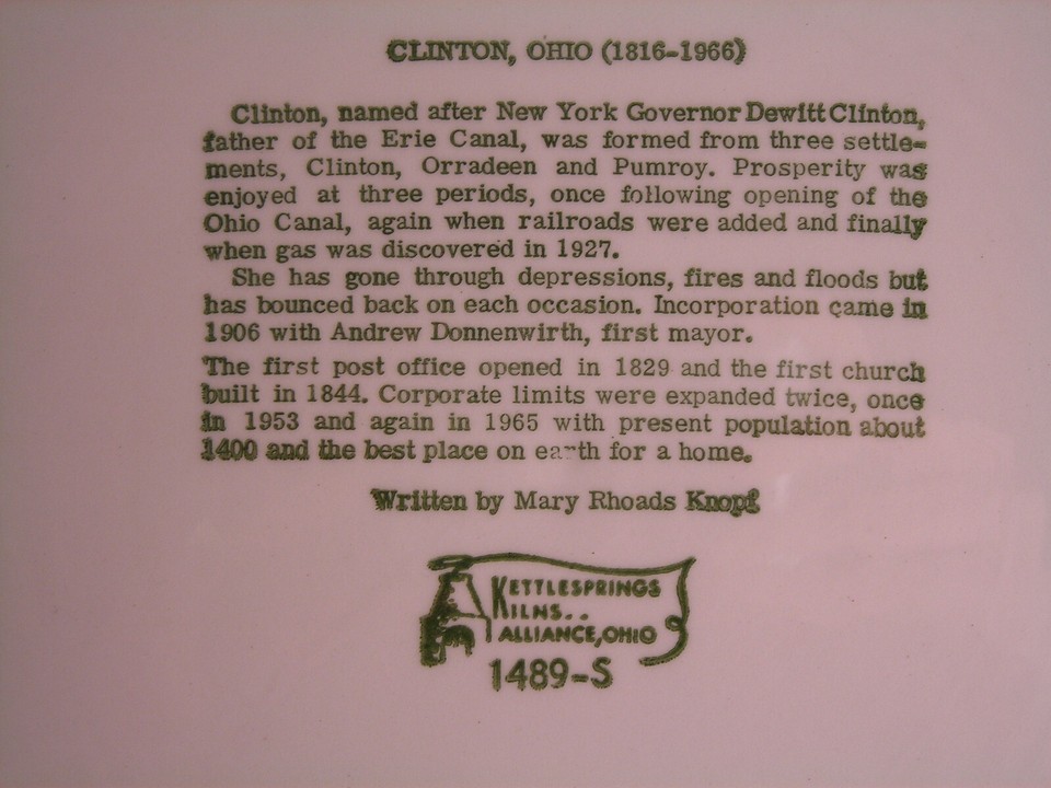 Clinton Ohio Souvenir State Plate 1966 Sesquicentennial Kettlesprings 9 ...