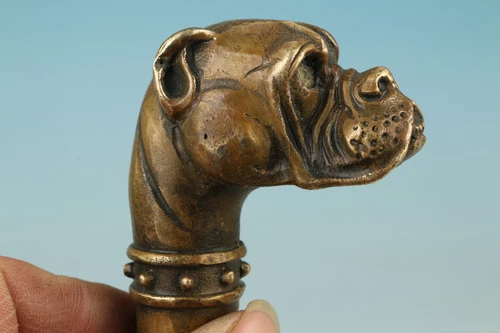 lucky Handmade Bronze Carving Dog Collect Cane Walking Stick Head ...