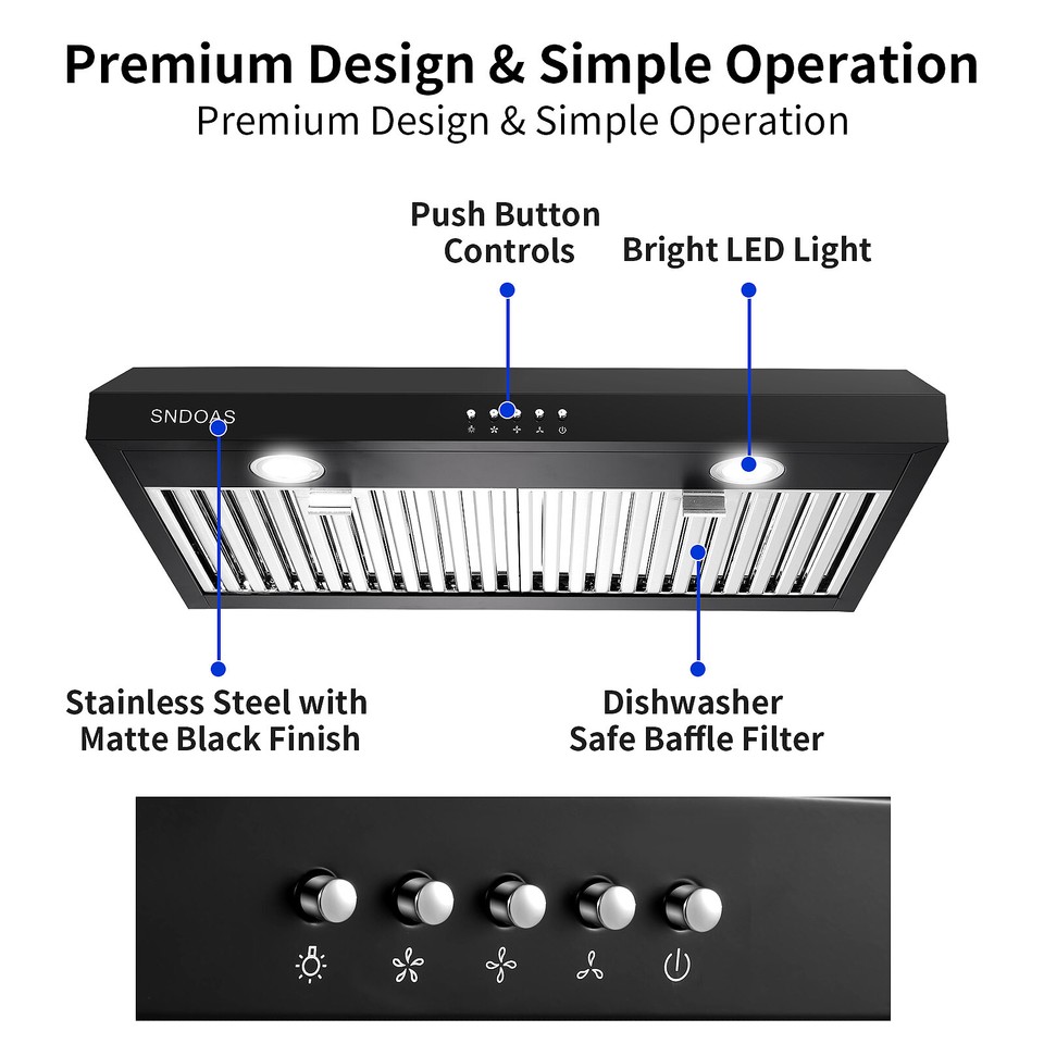 30 in Under Cabinet Range Hood Black/Sliver Cook Fan w/LEDs 600CFM 3 ...