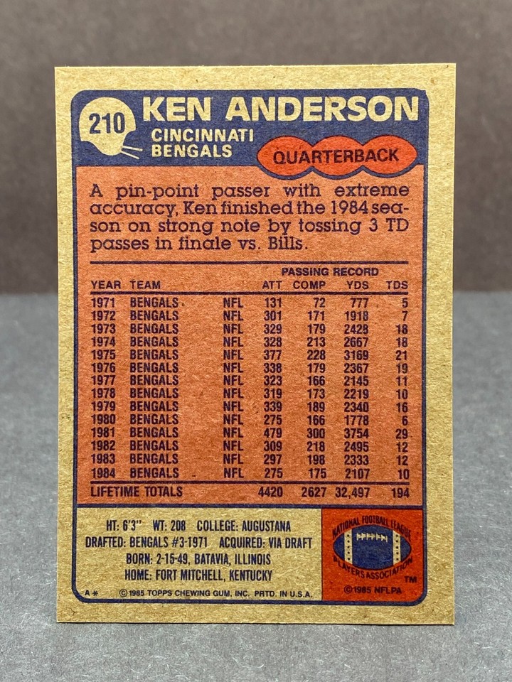1985 Topps KEN ANDERSON Card No. 210 Crease-Free NM-MT Cincinnati ...