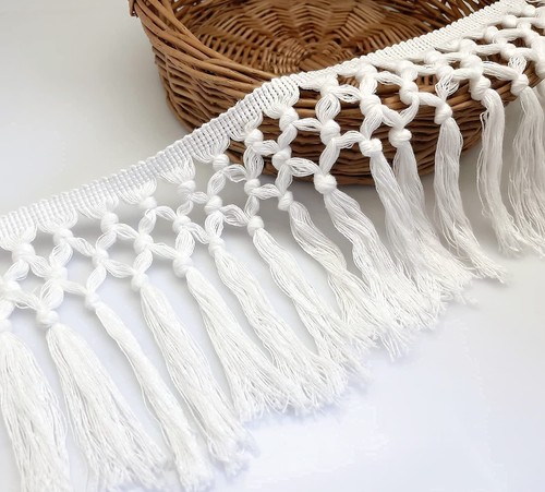 FQTANJU 3 Yards 14cm Wide Tassel Trim Cotton Tassel Fringe Boho Macrame ...