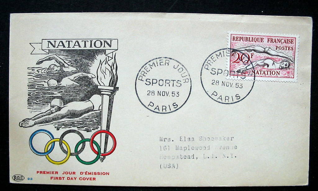 FRANCE FDC SPORTS NATATION CACHET 28-NOV-1953 | eBay