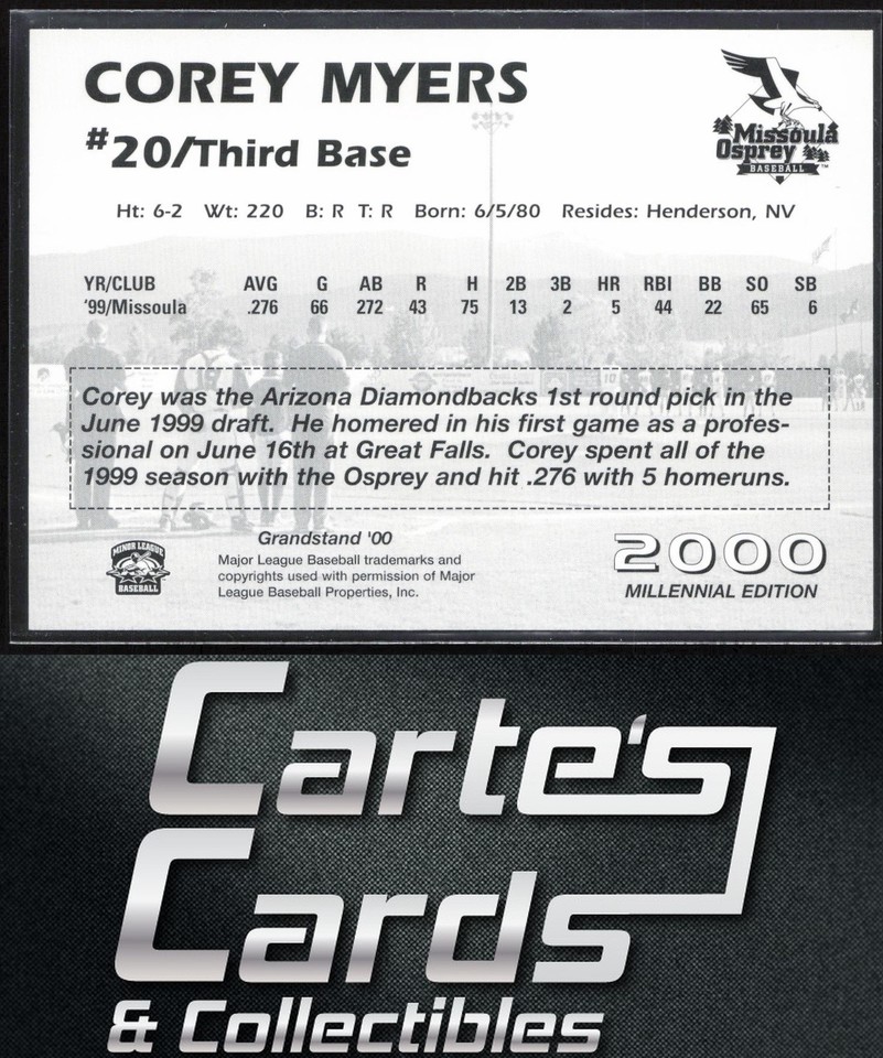 Corey Myers 2000 Grandstand Missoula Osprey #NNO Missoula Osprey | eBay