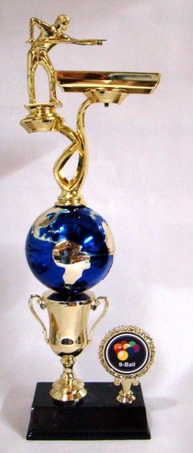 9 Ball Billiard Trophy 18 1/2" with Cup on Black Plastic Base - Free ...