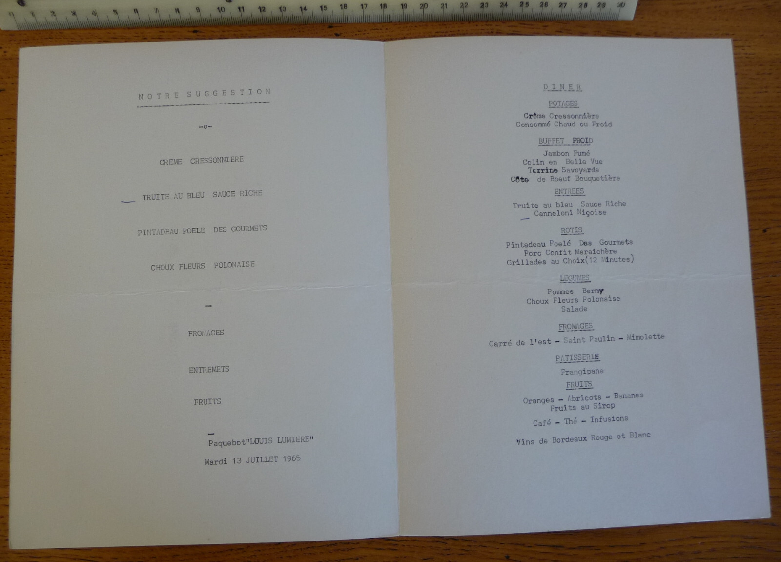 Ancien Menu du Paquebot LOUIS LUMIERE (13 juillet 1965) | eBay