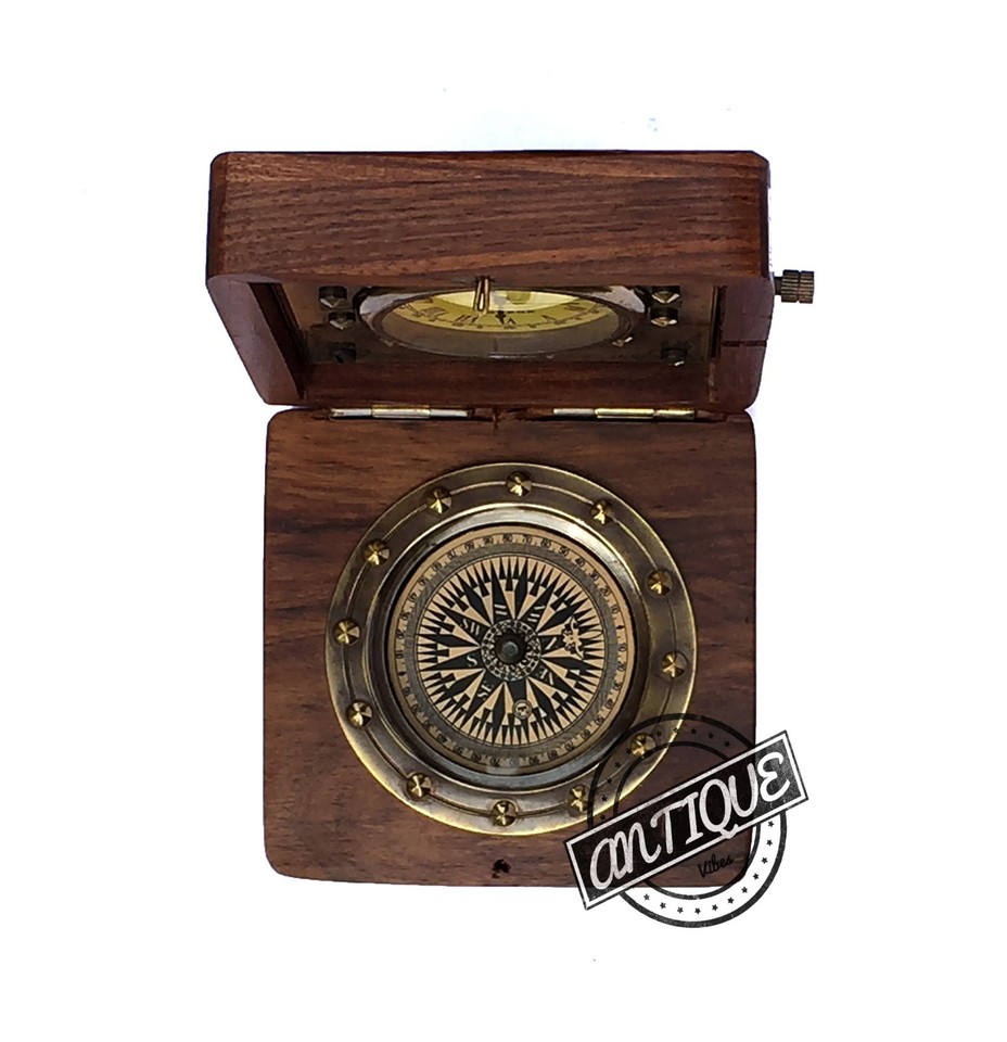 Vintage Table Watch Antique Wooden Desk Compass Brass Brown Clock ...