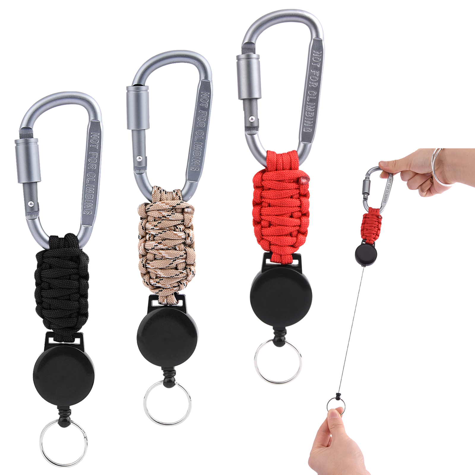 3pcs Retractable Key Ring Heavy Duty With Carabiner Steel Cord ...