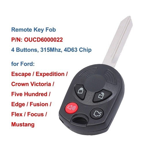 Remote Car Key Fob 4 Buttons 315Mhz with 4D63 Chip for Ford Mustang ...