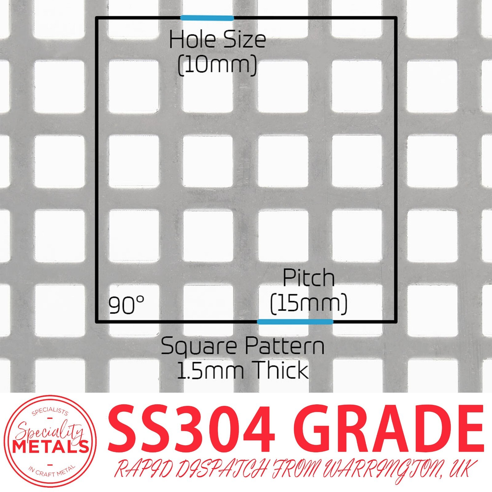 Stainless Steel Square Perforated Mesh | 10mm Hole, 15mm Pitch, 1.5mm ...