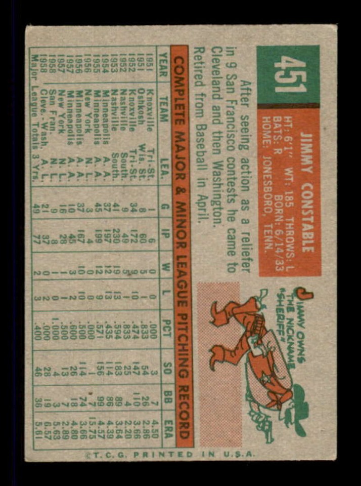 1959 Topps #451 Jim Constable VGEX RC Rookie Senators 247580 | eBay
