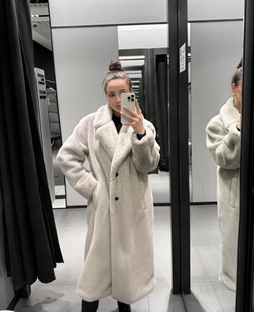 ZARA LONG FAUX FUR COAT GREY LAPEL COLLAR NEW FW24/25 SIZES ZARA LONG FAUX FUR COAT GREY LAPEL COLLAR NEW FW24/25 SIZES
