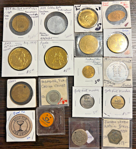 LOT OF 18 MIXED TOKENS, MEDALS, Pins, Coins , Stamp Good For, Junk ...