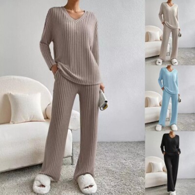 2Pcs Women Lounge Wear Tracksuit Knitted Casual Loose set Comfortable ...
