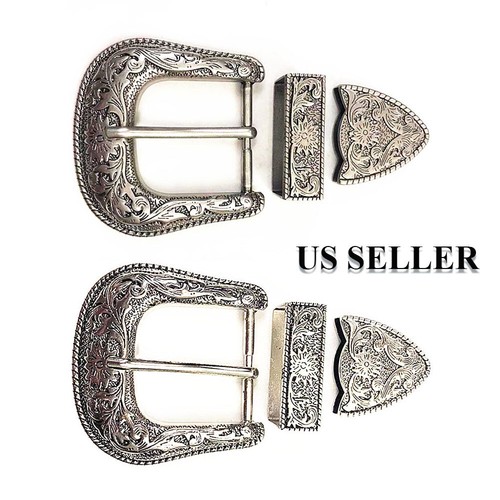 Silver Western Floral Engraved Cowboy Belt Buckle Three Piece Set ...