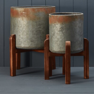 Metal Rustic Indoor Plant Pots Large Small Planters Heavy On Wooden ...