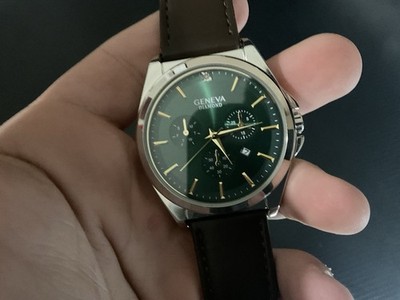 Geneva Chronograph Green Dial Quartz Watch Brown Leather Strap Silver ...