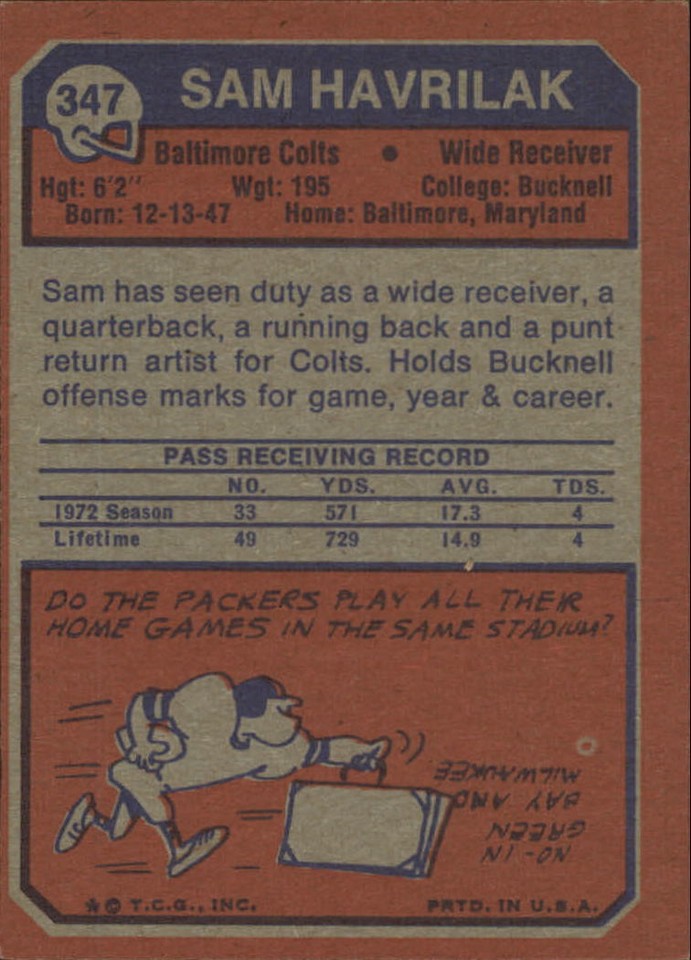 1973 Topps Baltimore Colts Football Card #347 Sam Havrilak RC - EX-MT ...