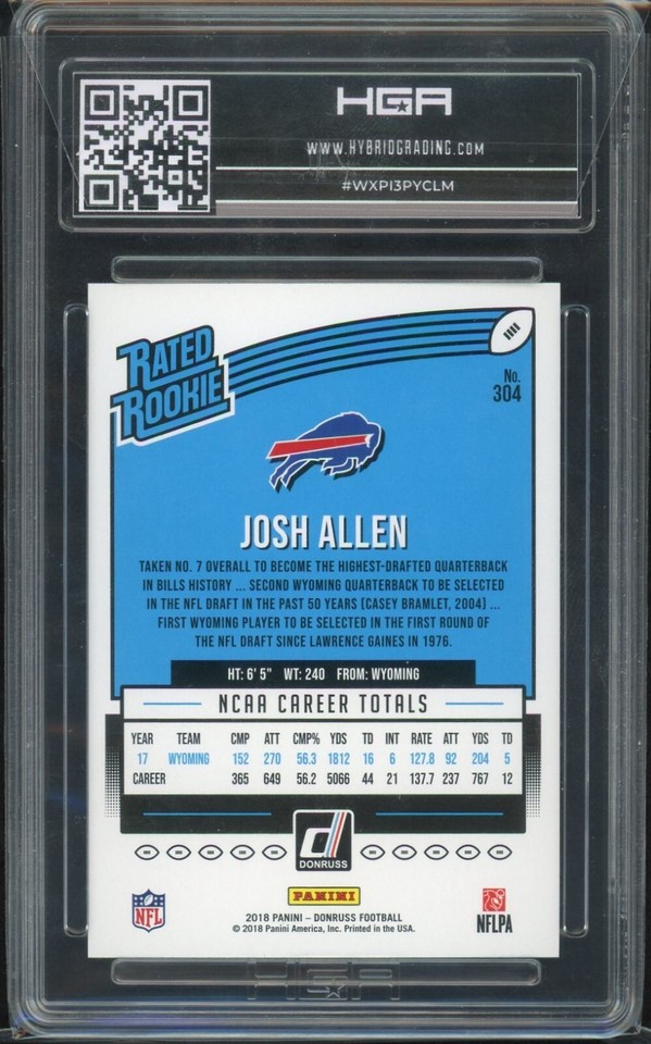 2018 Panini Donruss JOSH ALLEN Rated Rookie HGA 9.5 Gem Mint #304 ...