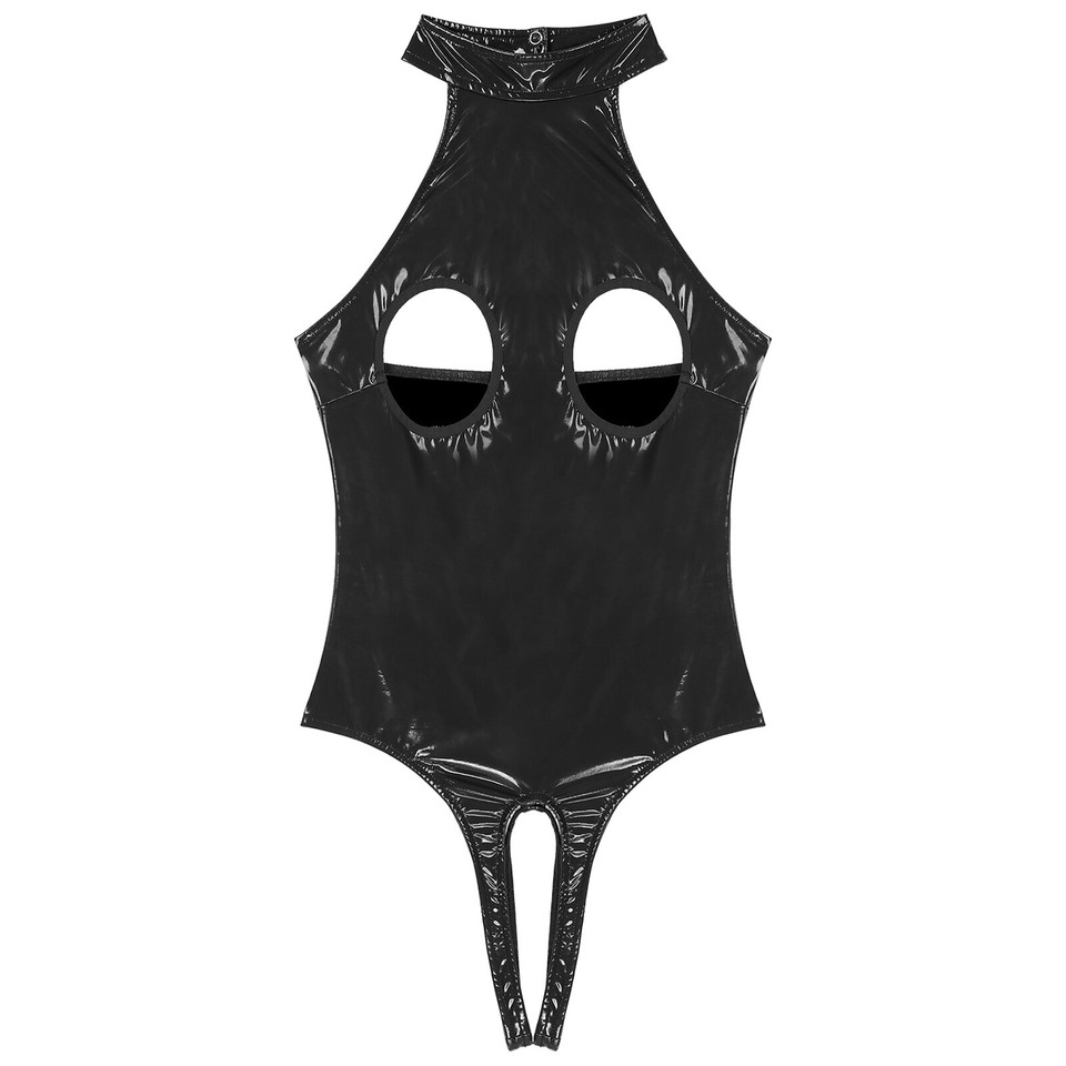 Women's Wet Look Leather Lingerie Bodycon Catsuit Halter Bodysuit Thong ...