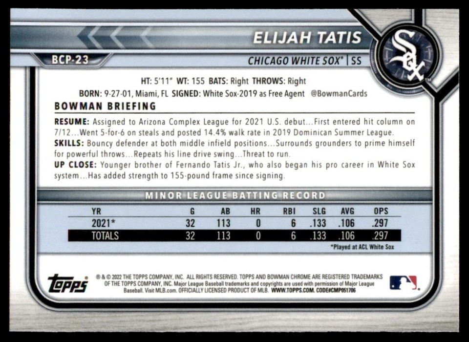 2022 Bowman Chrome Elijah Tatis Chicago White Sox #BCP-23 | eBay