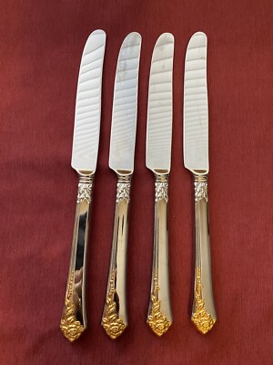4 Dinner Knives Golden Damask Rose Oneida Stainless Steel Heirloom Cube ...