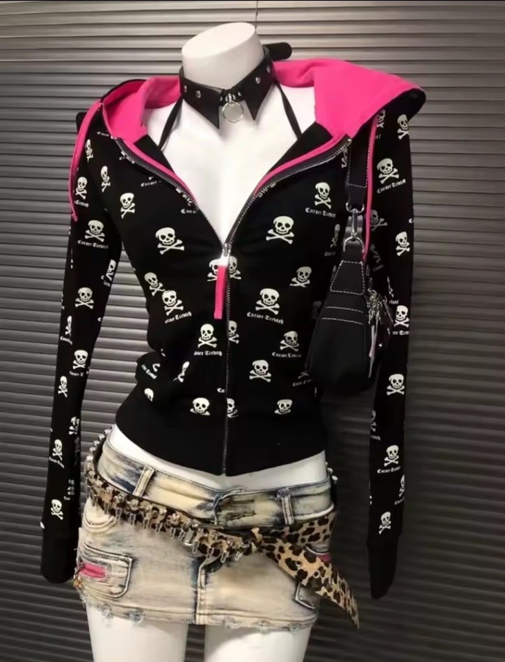 SKULL HOODIE CROSSBONES SCENE EMO INDIE SLEAZE 2010 BLACK GOTH ALT ...