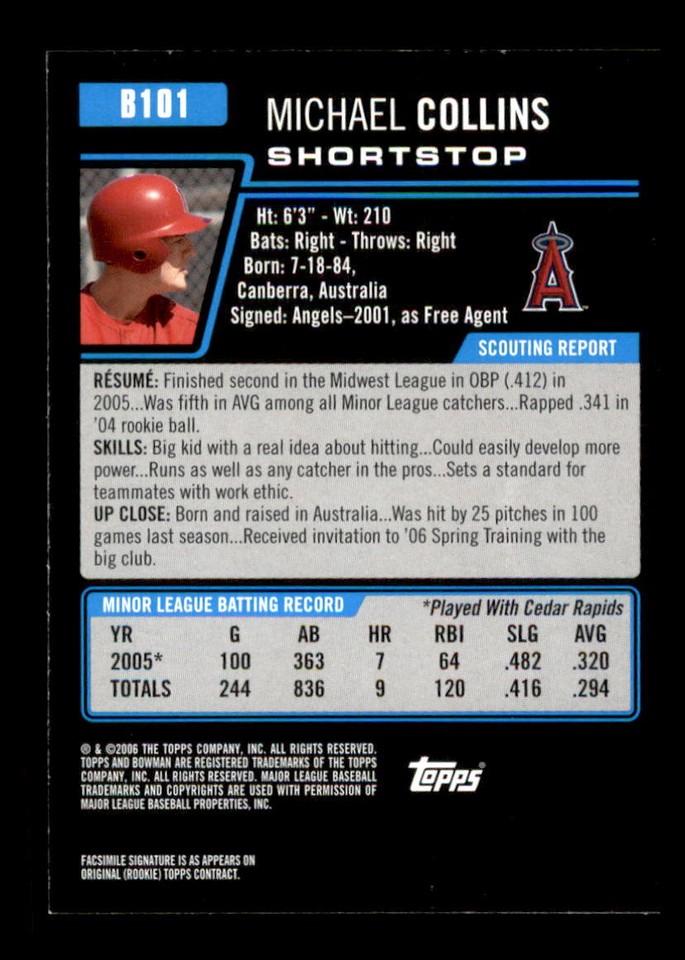 2006 Baseball Bowman Michael Collins Los Angeles Angels #B101 Prospect ...
