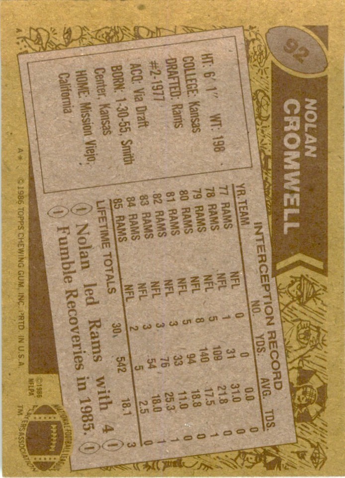 1986 TOPPS. NOLAN CROMWELL LOS ANGELES RAMS #92 | eBay