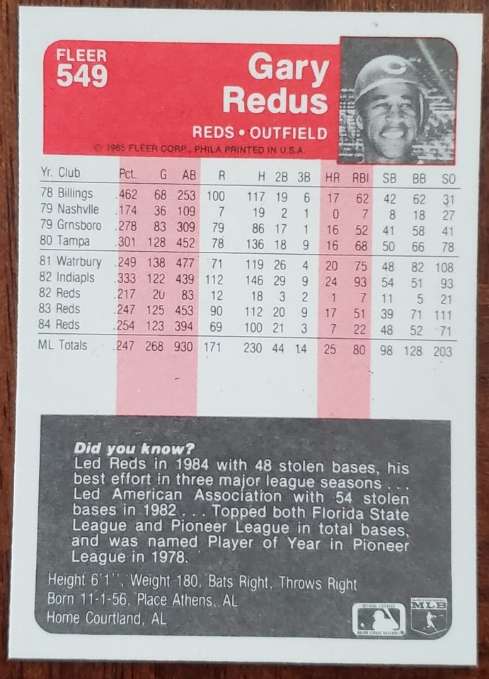 1985 FLEER GARY REDUS CINCINNATI REDS CARD #549 NM/MT | eBay