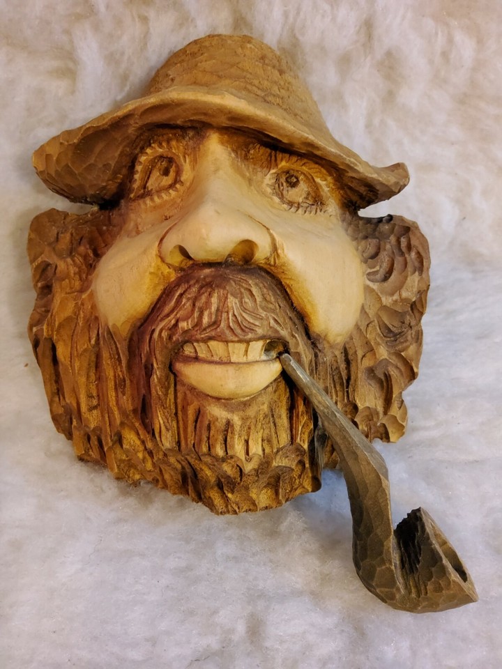 VTG Carved Spirit Tree face Wooden beard Old man pipe folk art German ...