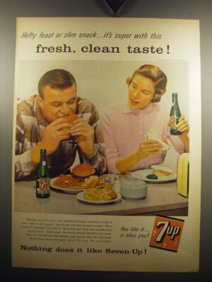 1957 7-Up Soda Ad - Hefty feast or slim snack.. it's super with this ...