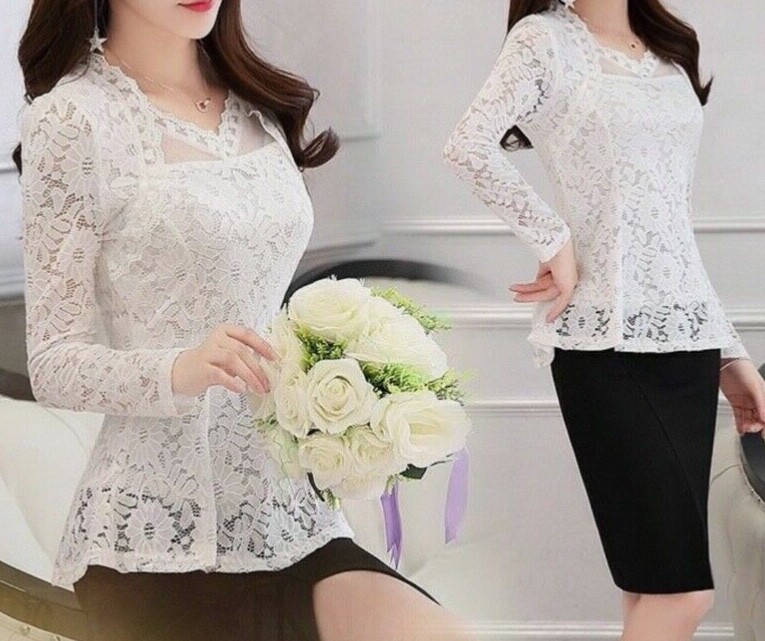 Fashion Lady Sheer Blouse Top Lace Shirt Hollow Out Ruffle Flower Slim ...