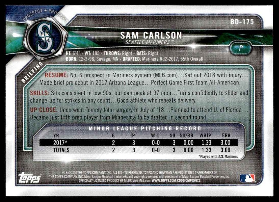 2018 Bowman Draft Sam Carlson Seattle Mariners #BD-175 | eBay