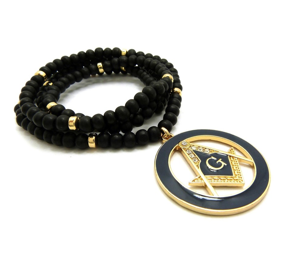 NEW FREEMASON MASONIC 2 TONE ROUND PENDANT 6mm/30" WOODEN BEAD CHAIN ...