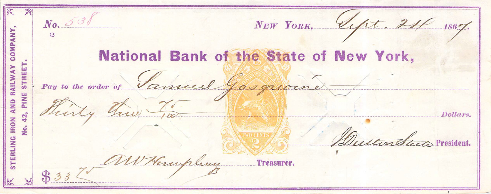 1867 42 PINE STREET NEW YORK CITY REVENUE STAMP CHECK DRAFT RECEIPT ...
