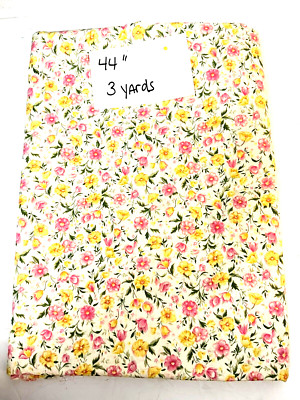 VTG Small Print Cotton Quilting Fabric Small Yellow Pink Roses 44" x 3 ...