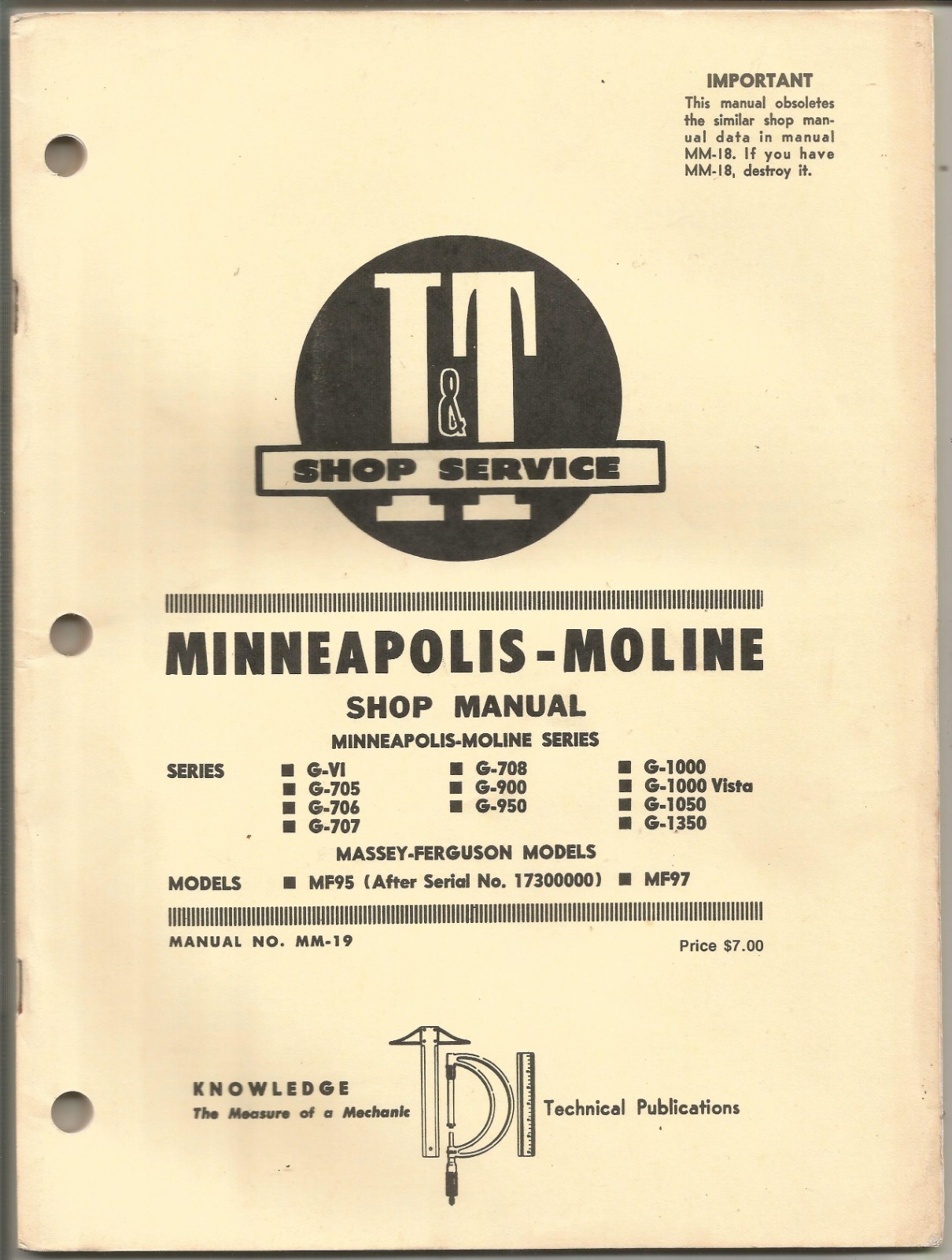 MM-19 I&T Shop Manual for Minneapolis Moline G-VI G705 G706 G707 G708 ...