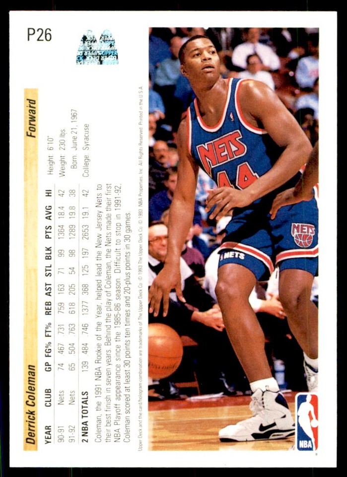 1992-93 Upper Deck Derrick Coleman New Jersey Nets #P26 | eBay