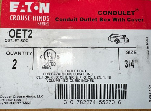 EATON CROUSE HINDS OET2-EXPLOSION PROOF 3/4" T-TYPE CONDULET/ OUTLET ...