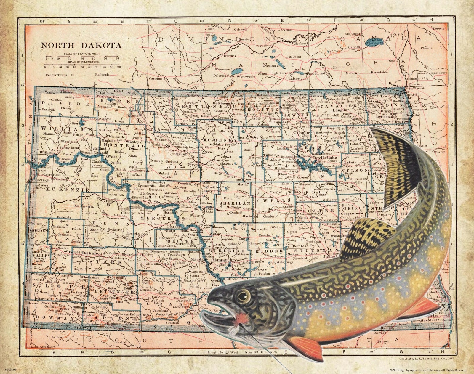 Brook Trout Fly Fishing North Dakota State Map Art Print Club Office ...