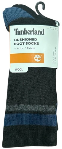 Timberland Mens Cushioned Boot Socks 4 Pairs Wool Blend 9-12 Black/Blue ...
