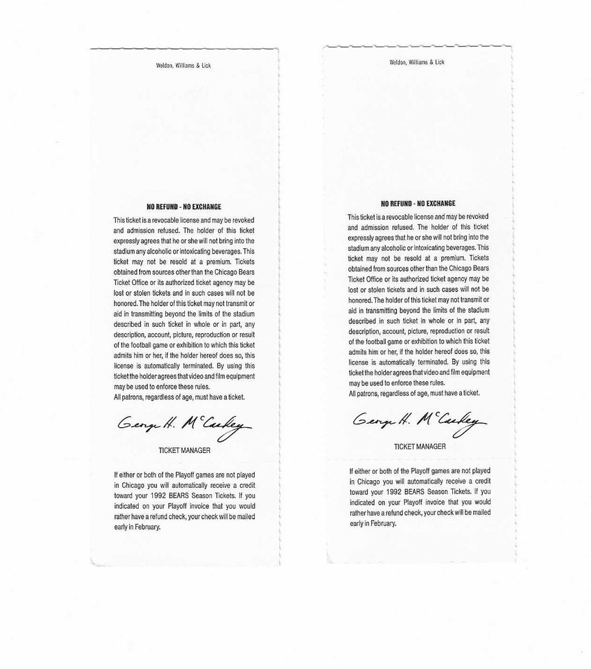 Chicago Bears Phantom NFC Championship Football Tickets From 1/12/1992 ...