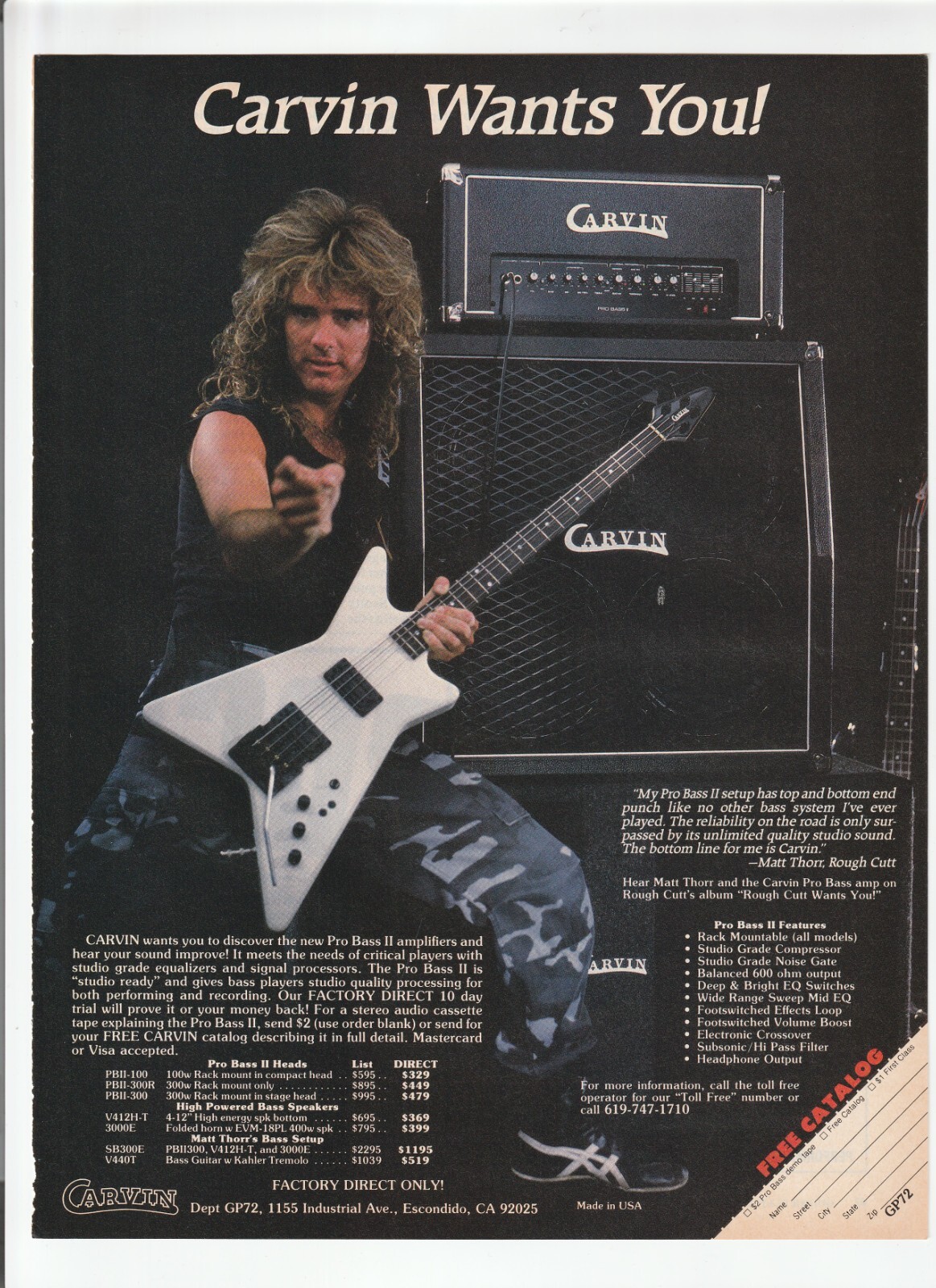 1987 CARVIN BASS AMPS Magazine AD ~ Matt Thorr ~ PERFORMANCE GUITARS ...