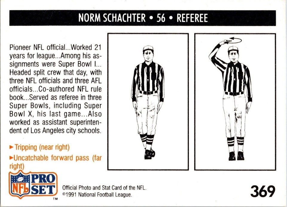 1991 Norm Schachter 56 Referee 369 National Football League Sports ...