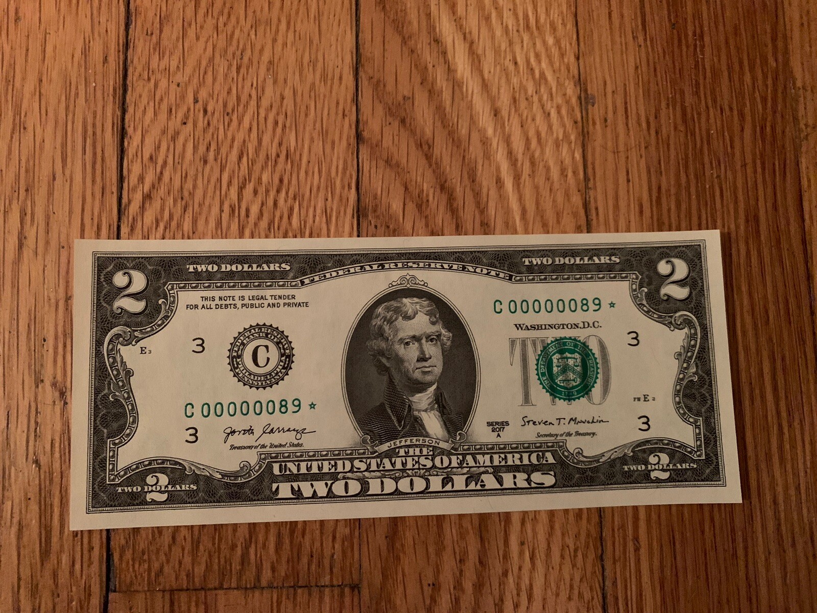 C 00000089* 2$ Dollar Bill Star Note Two Digit Low Serial Number ...
